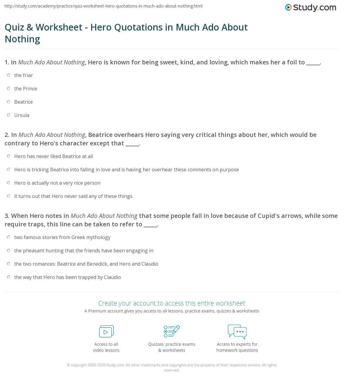 Quiz & Worksheet - Hero Quotations in Much Ado About Nothing | Study.com