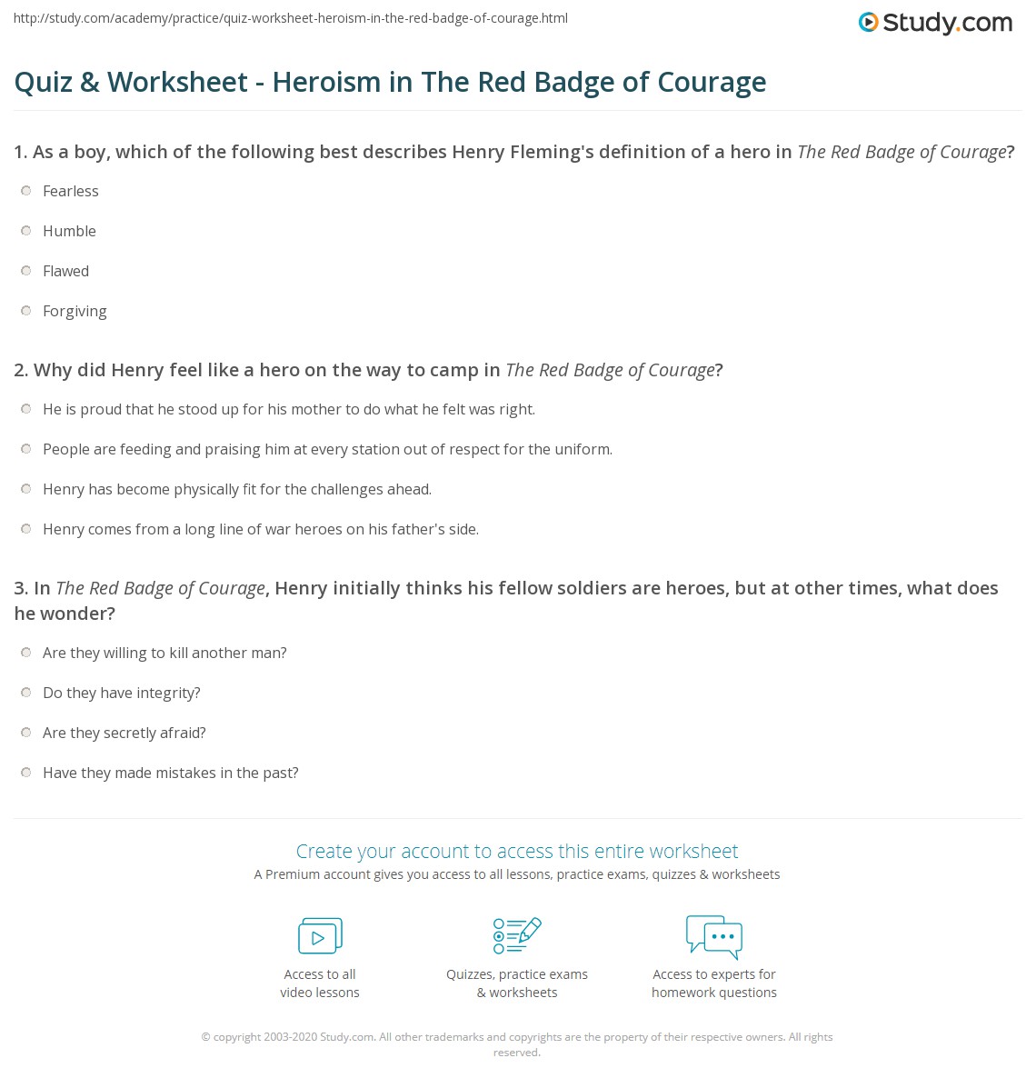 Quiz & Worksheet - Heroism in The Red Badge of Courage | Study.com