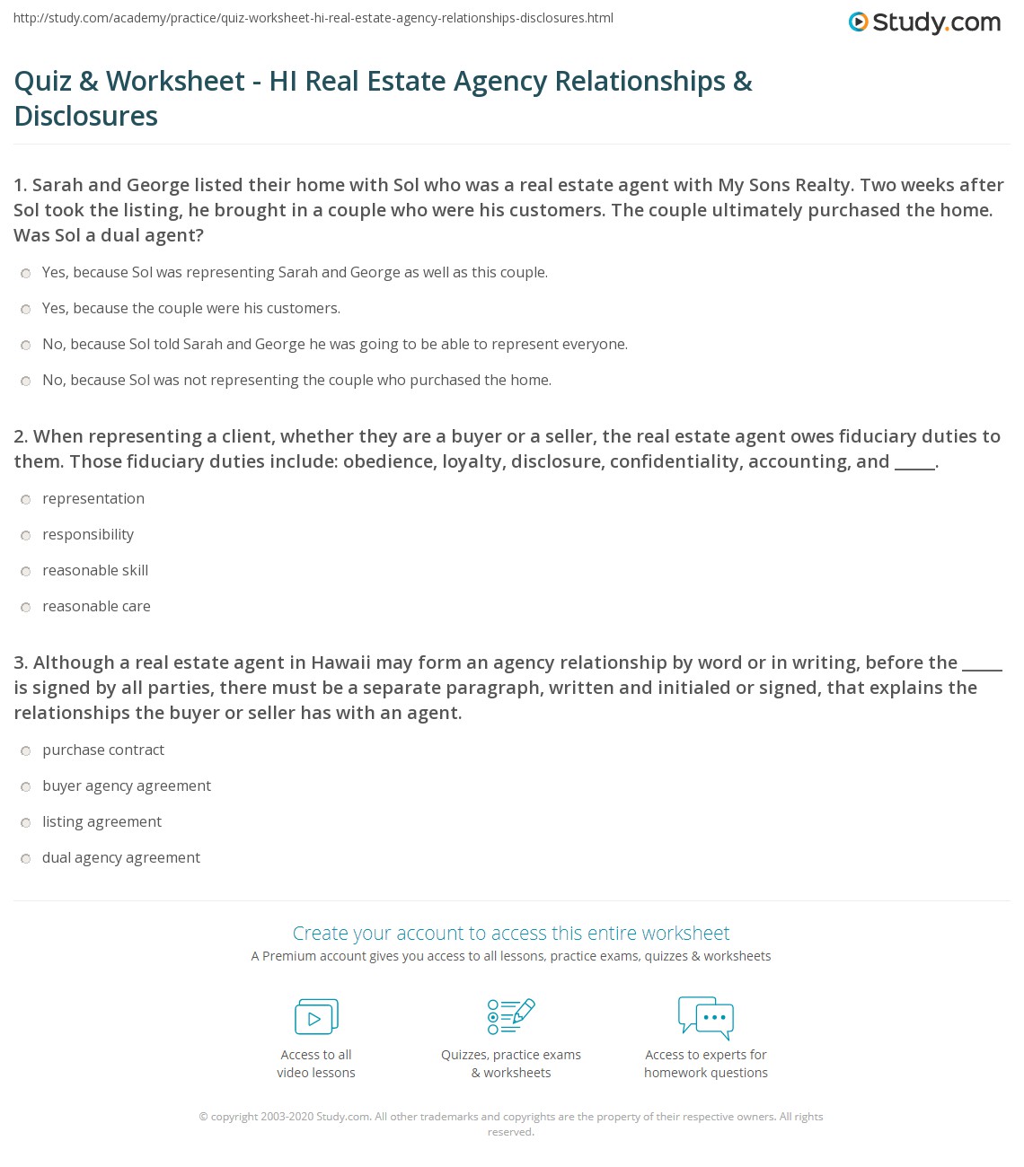Quiz & Worksheet - HI Real Estate Agency Relationships & Disclosures ...