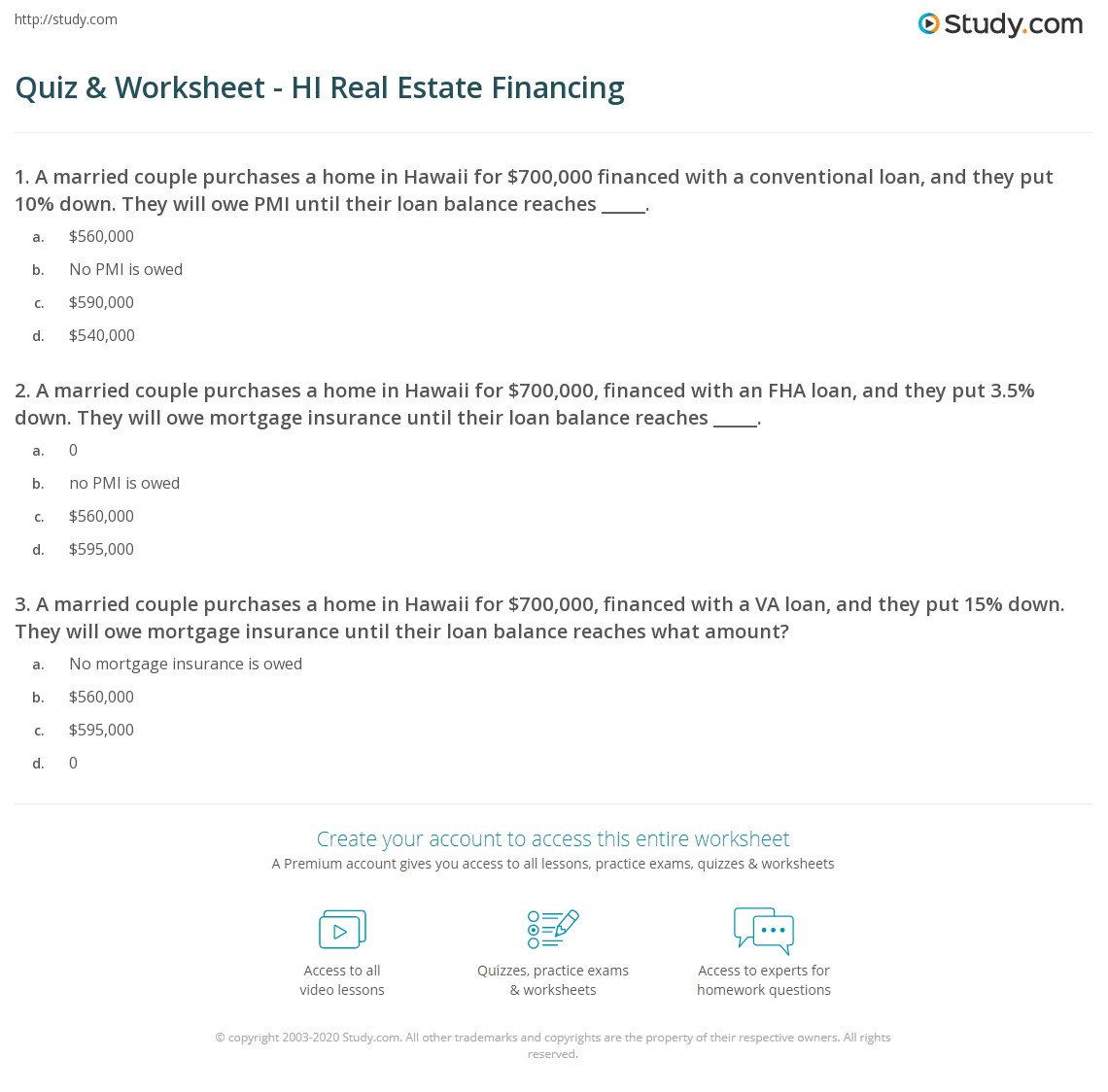 Quiz & Worksheet - HI Real Estate Financing | Study.com