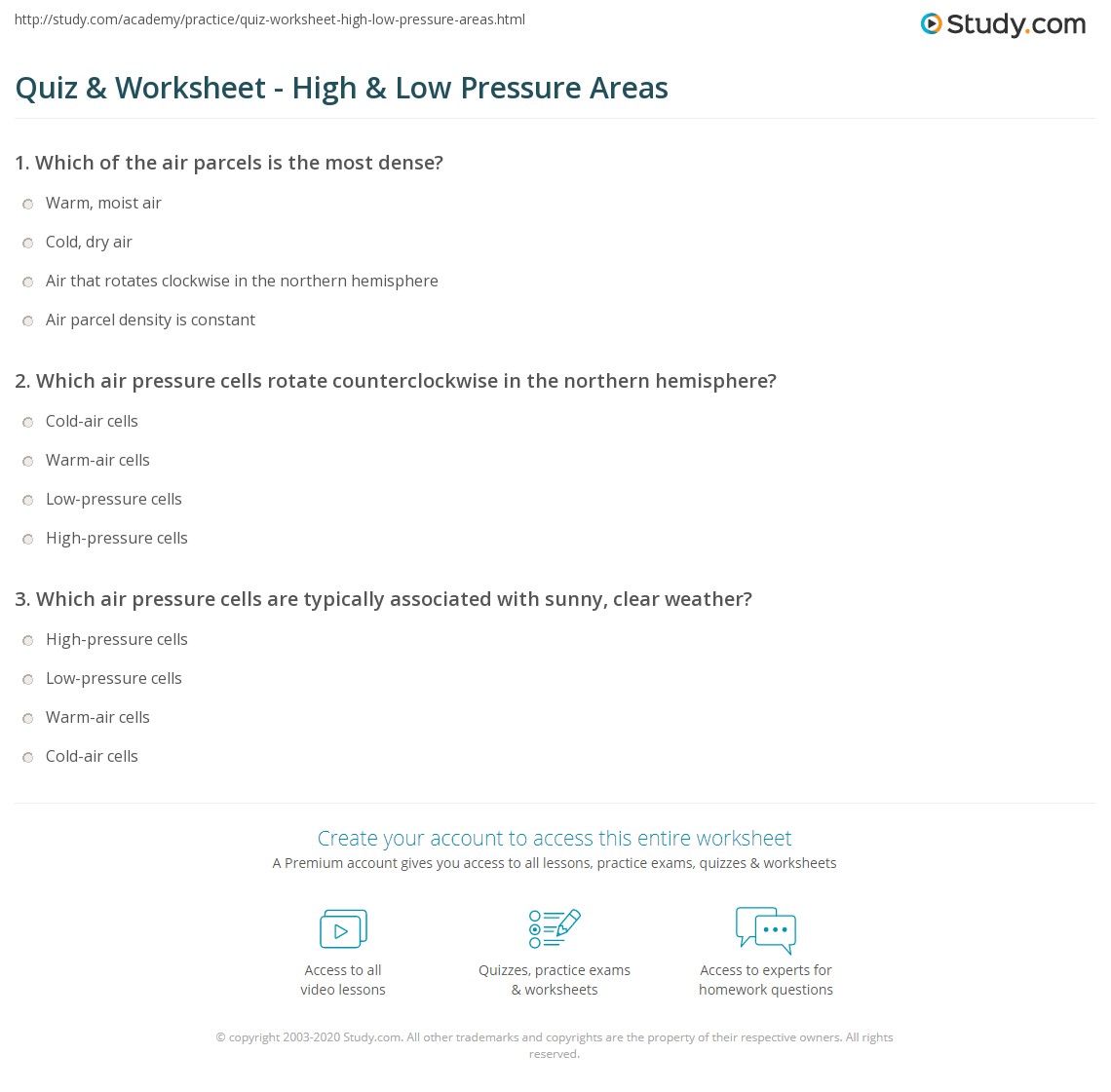 Quiz & Worksheet - High & Low Pressure Areas | Study.com