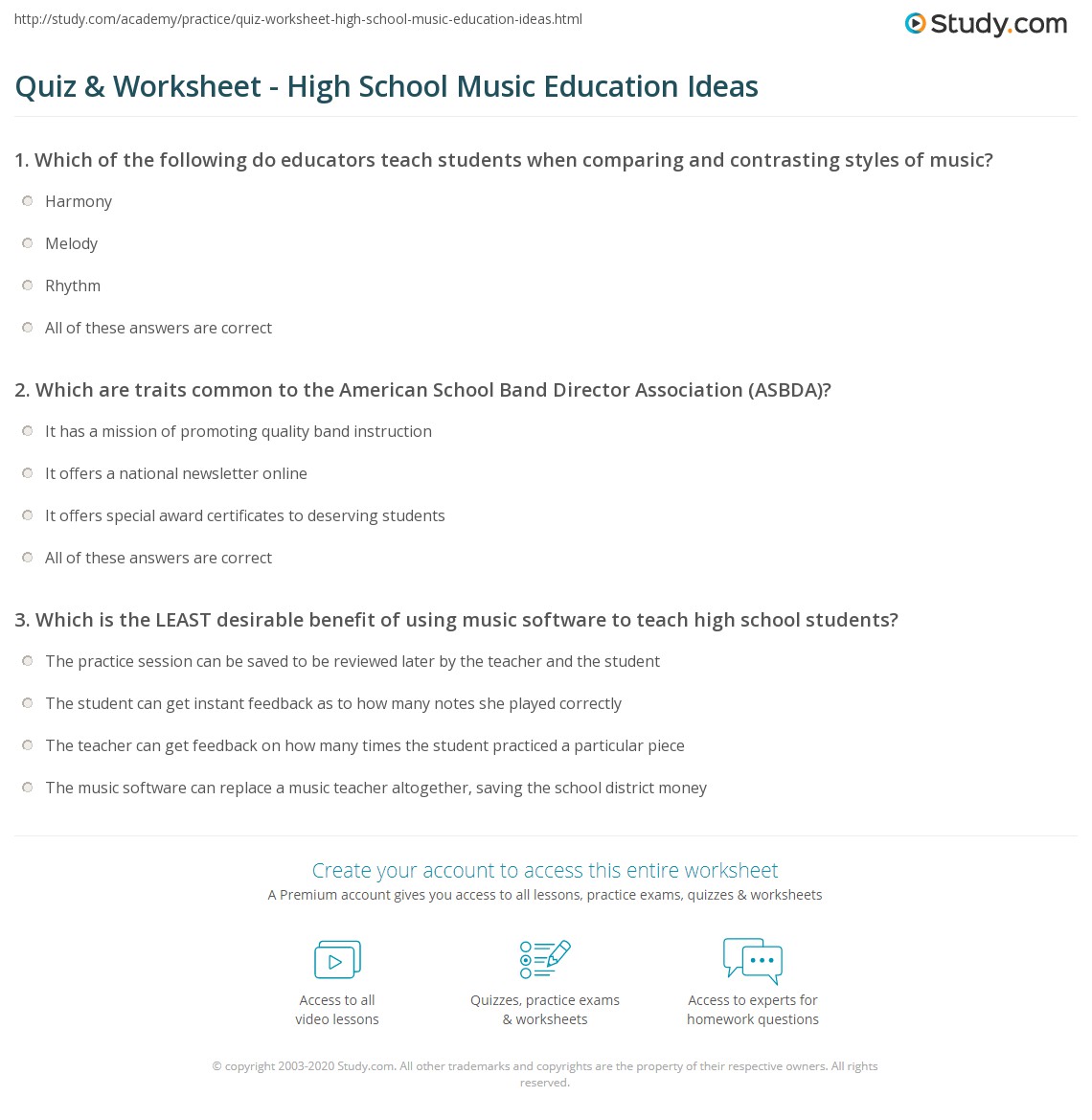 Quiz & Worksheet - High School Music Education Ideas | Study.com