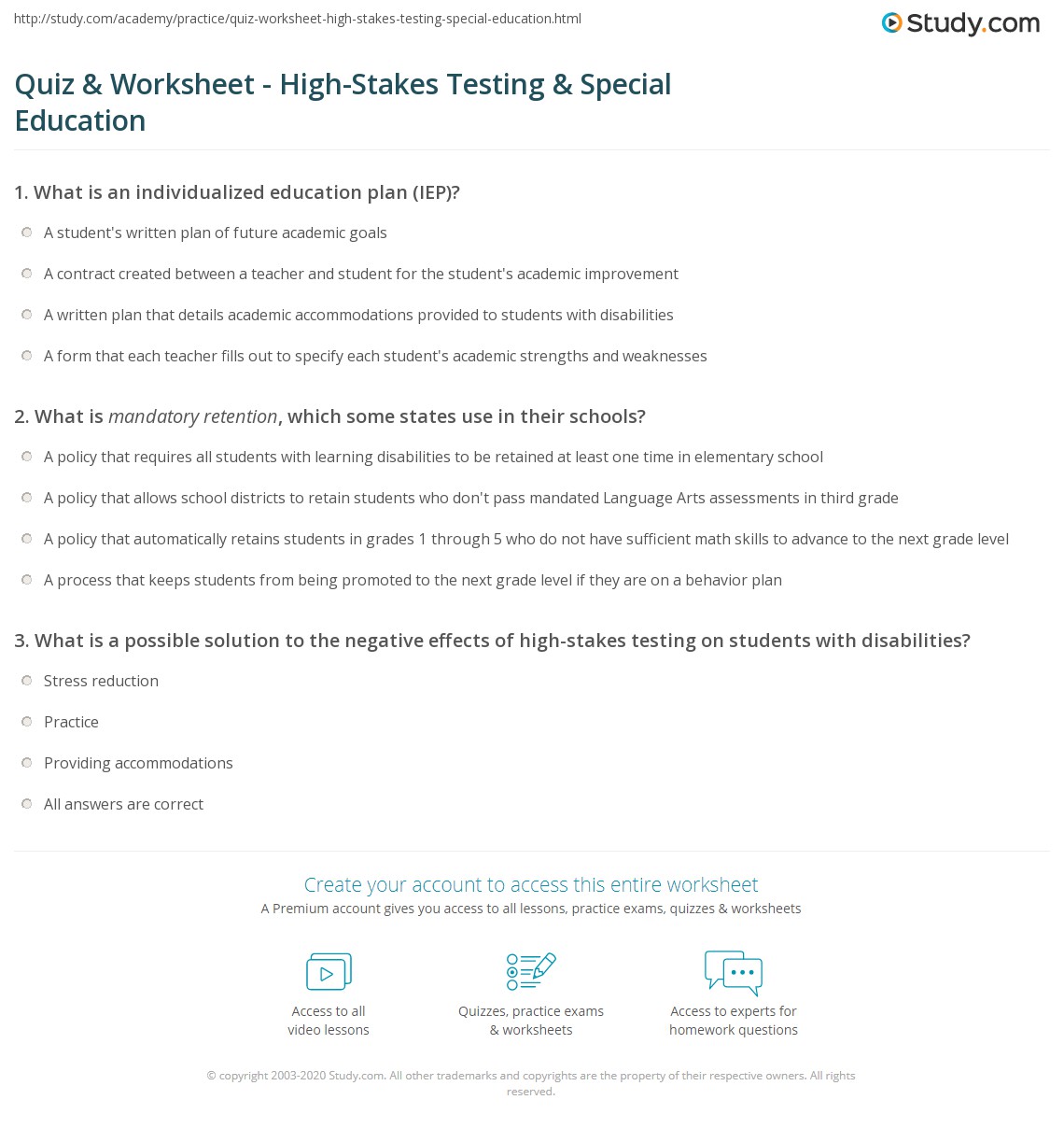 Quiz & Worksheet - High-Stakes Testing & Special Education | Study.com