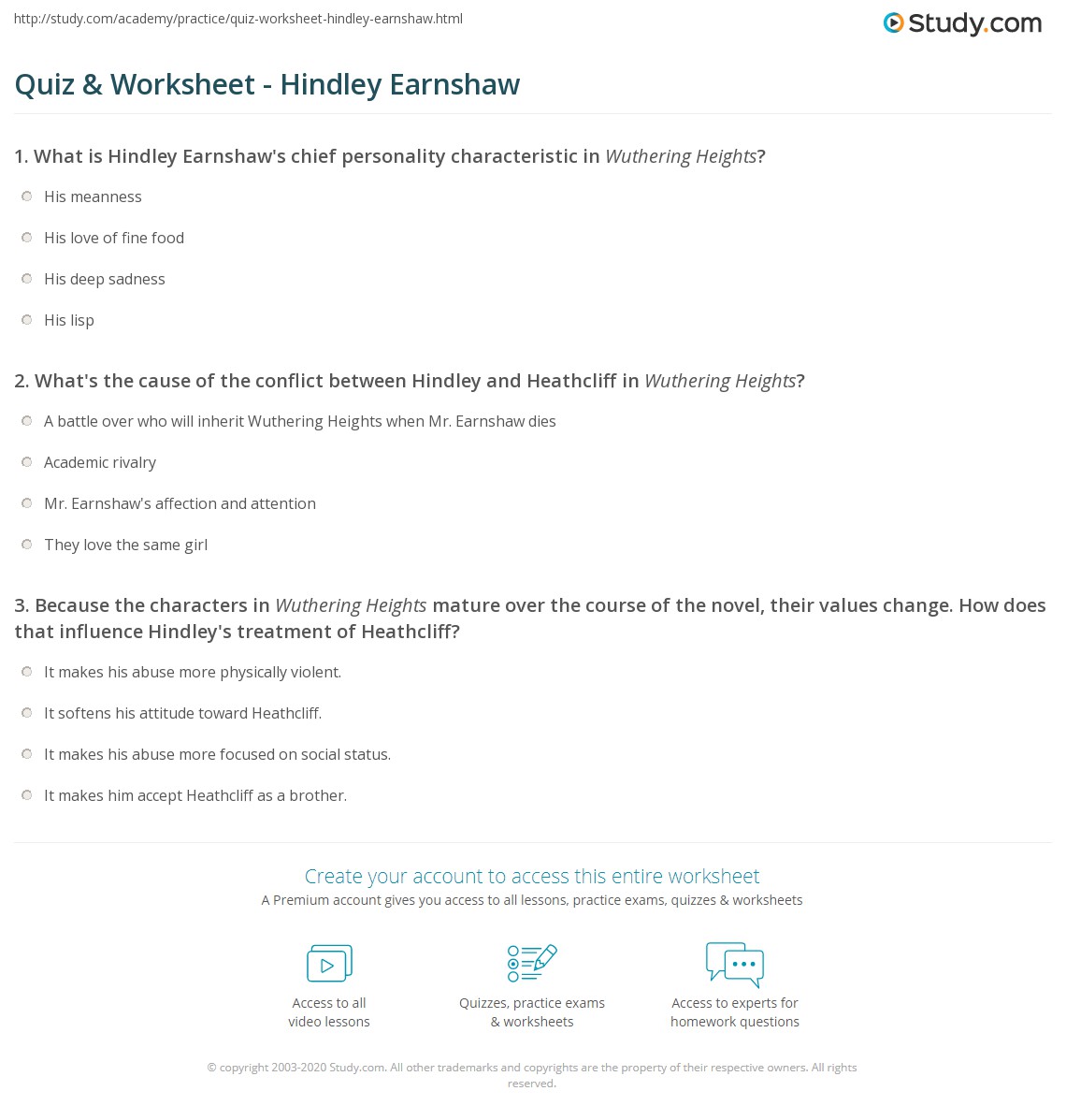 Quiz & Worksheet - Hindley Earnshaw | Study.com