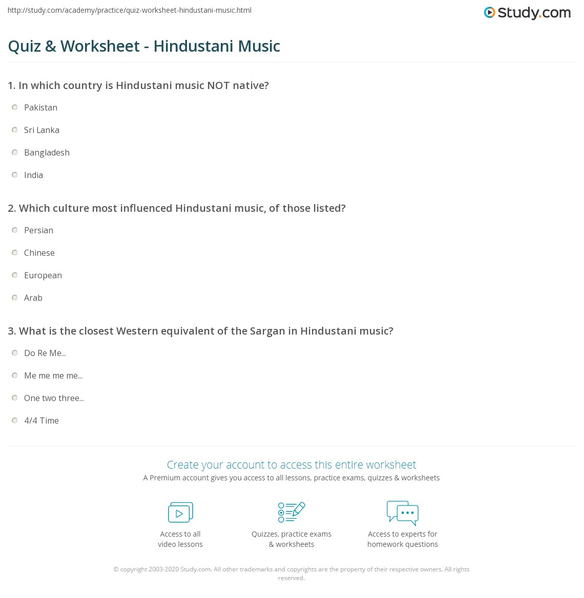 Quiz & Worksheet - Hindustani Music | Study.com