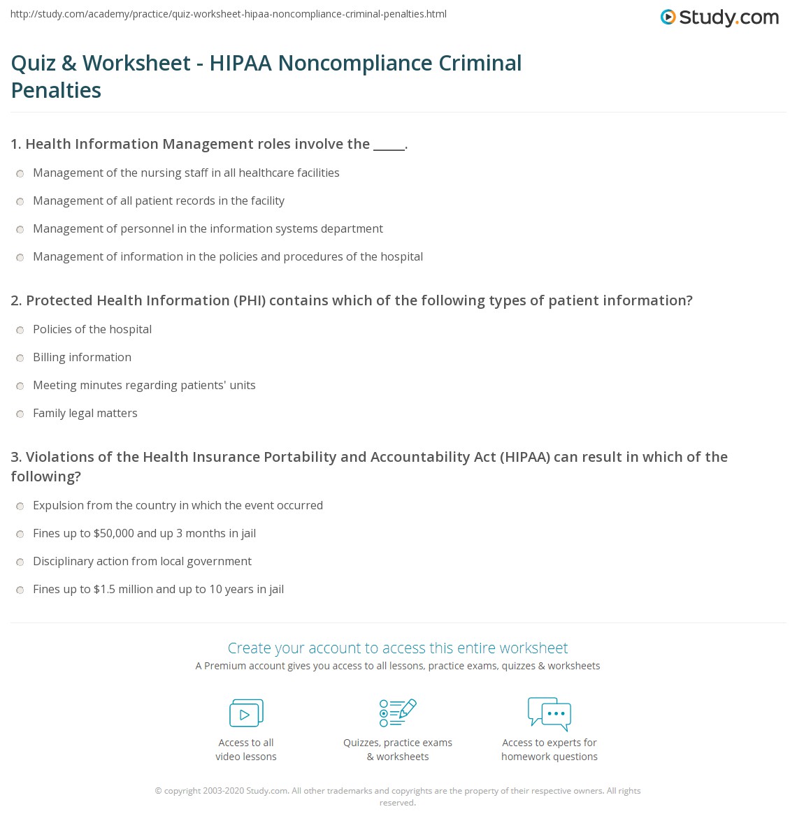 Quiz & Worksheet - HIPAA Noncompliance Criminal Penalties | Study.com