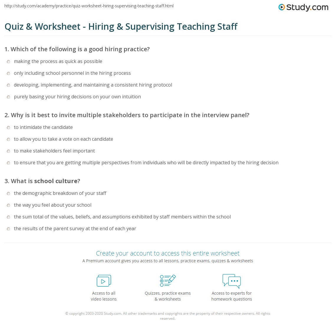 Quiz & Worksheet - Hiring & Supervising Teaching Staff | Study.com