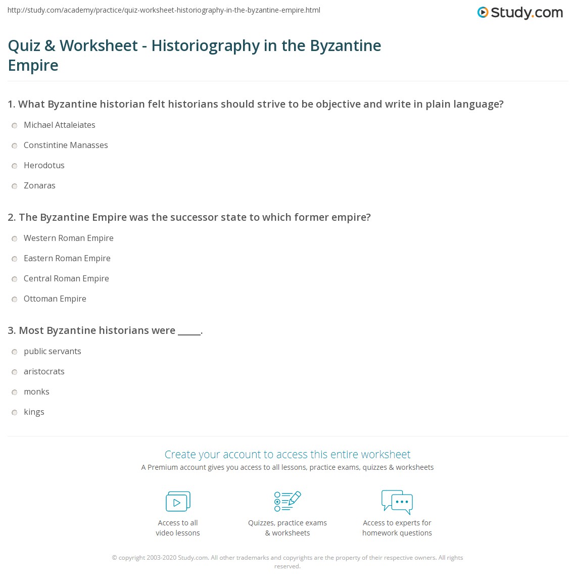 Quiz & Worksheet - Historiography in the Byzantine Empire | Study.com