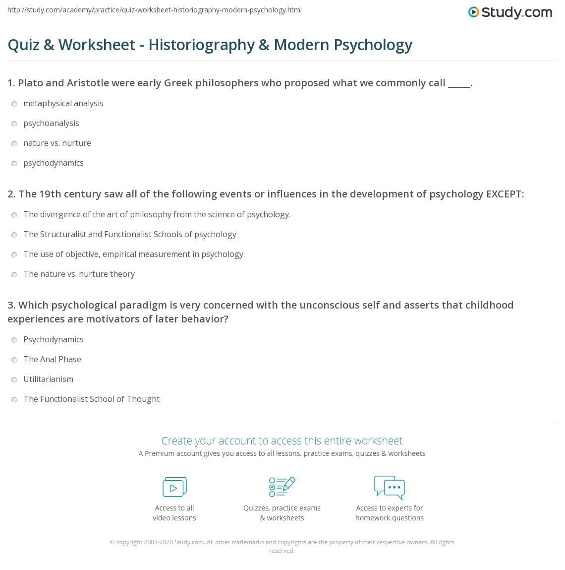 Quiz & Worksheet - Historiography & Modern Psychology | Study.com