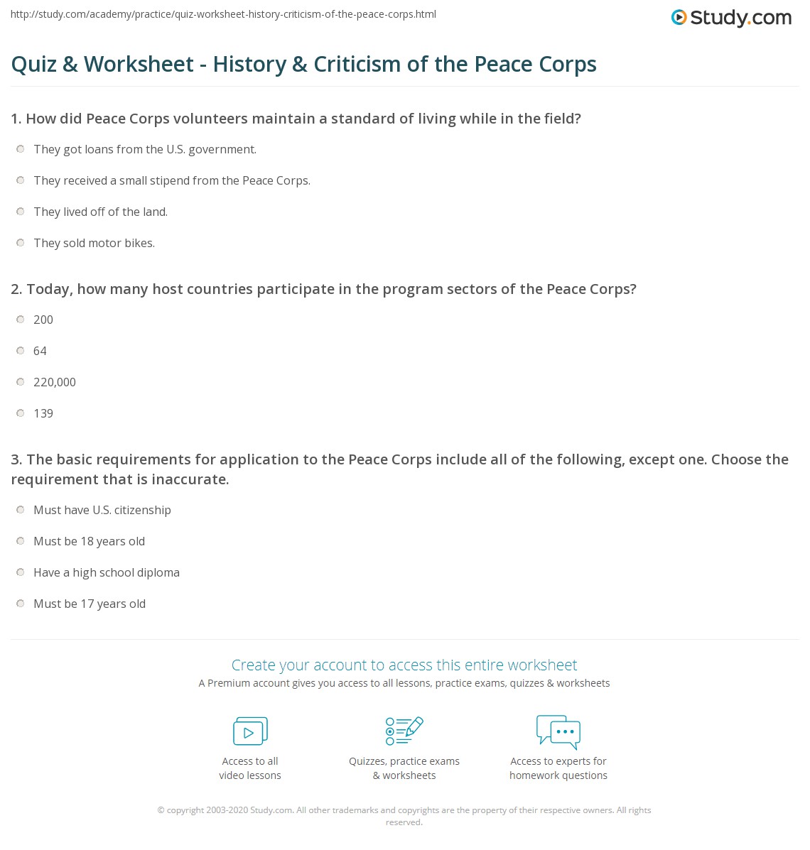 Quiz & Worksheet - History & Criticism of the Peace Corps | Study.com