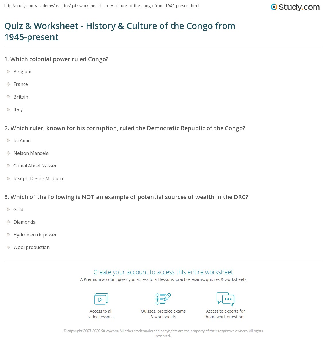 Quiz & Worksheet - History & Culture of the Congo from 1945-present ...