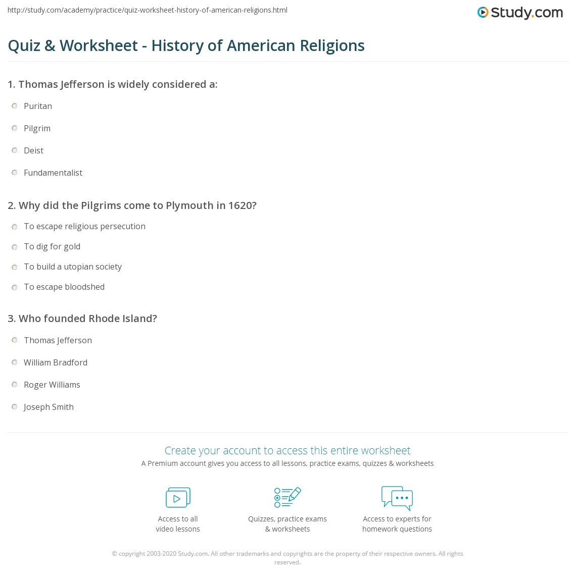 Quiz & Worksheet - History of American Religions | Study.com