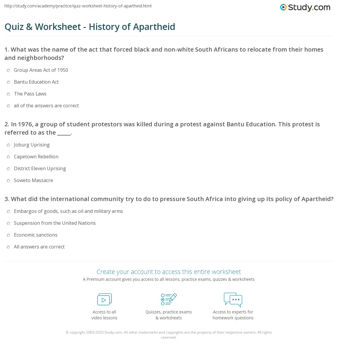 Quiz & Worksheet - History of Apartheid | Study.com