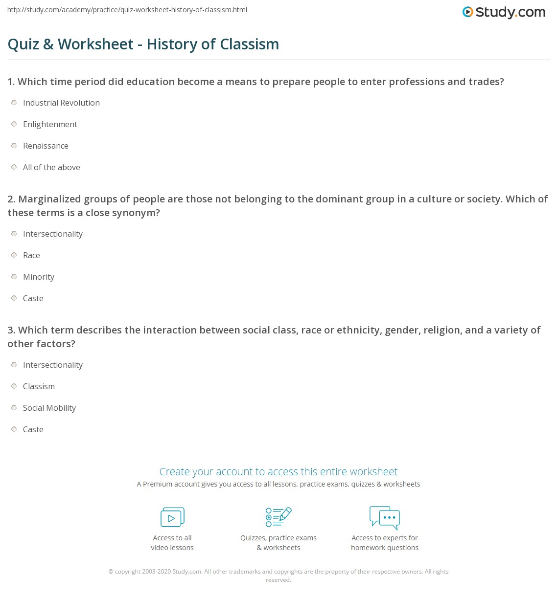 Quiz & Worksheet - History of Classism | Study.com