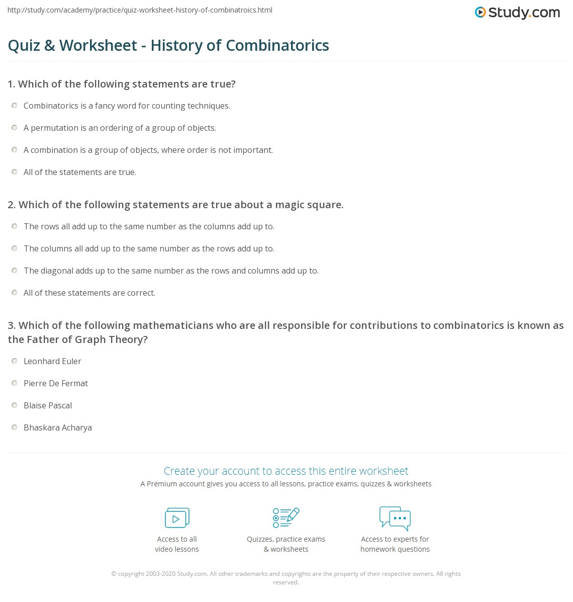 Quiz & Worksheet - History of Combinatorics | Study.com