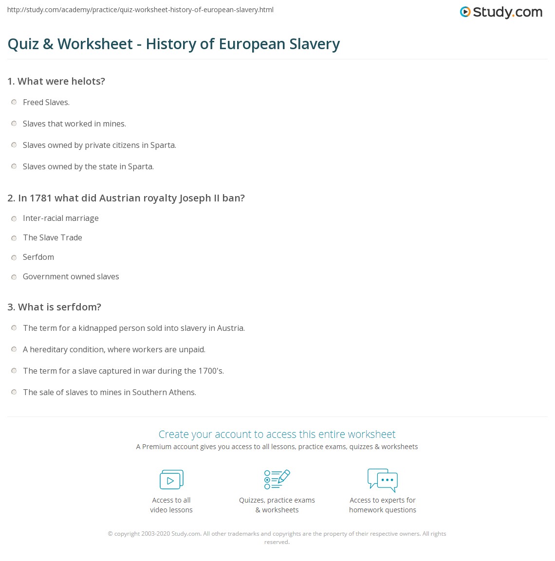 Quiz & Worksheet - History of European Slavery | Study.com