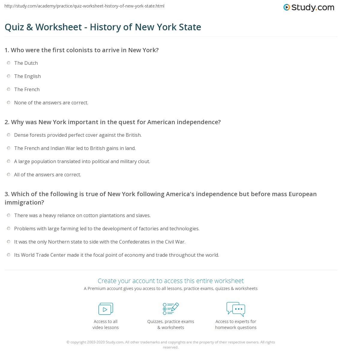 Quiz & Worksheet - History of New York State | Study.com