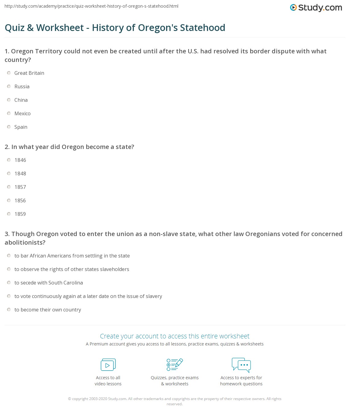 Quiz & Worksheet - History of Oregon's Statehood | Study.com