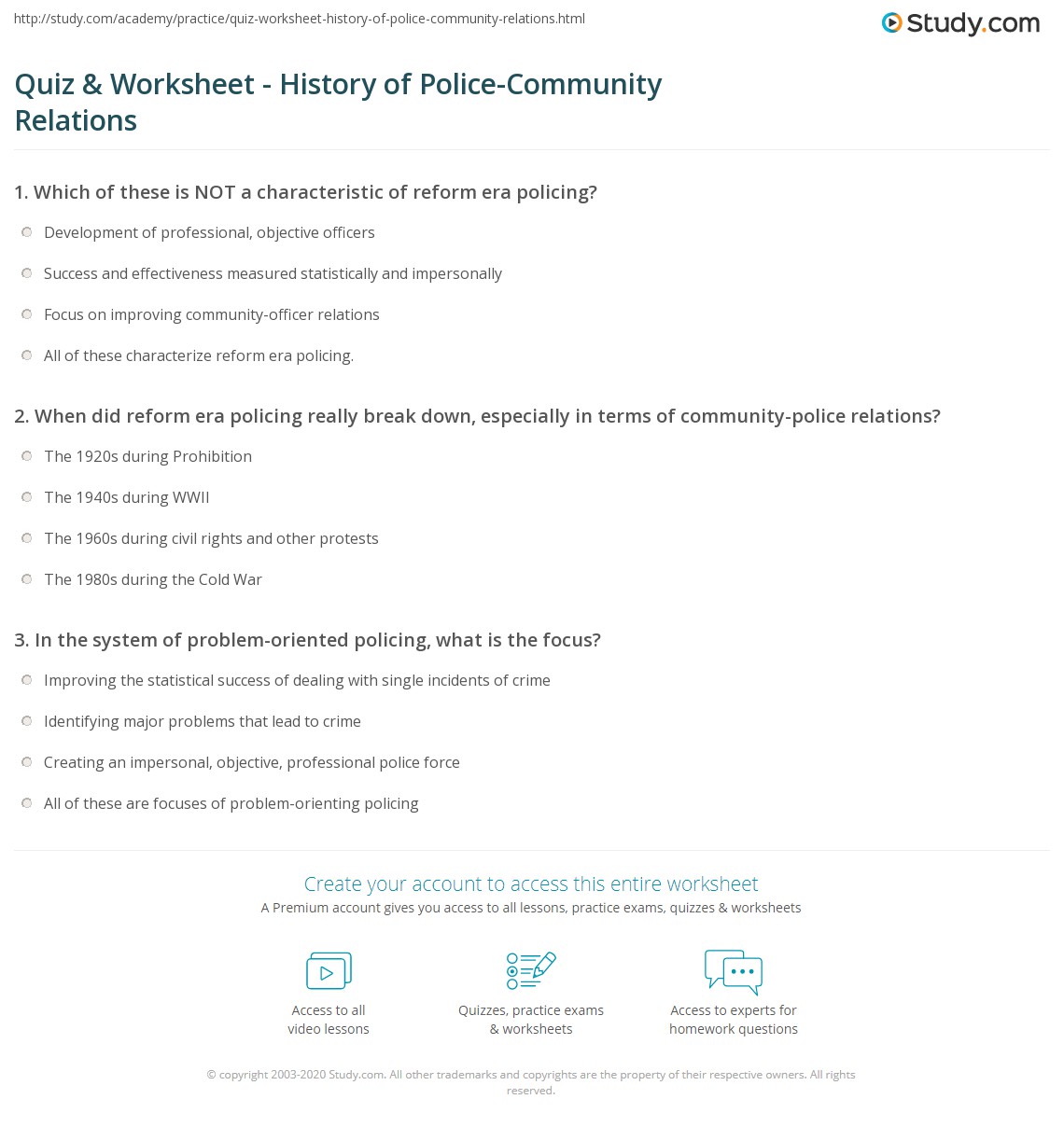 Quiz & Worksheet - History of Police-Community Relations | Study.com