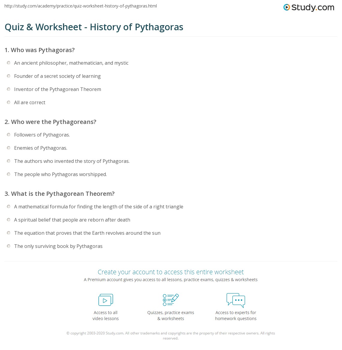 Quiz & Worksheet - History of Pythagoras | Study.com