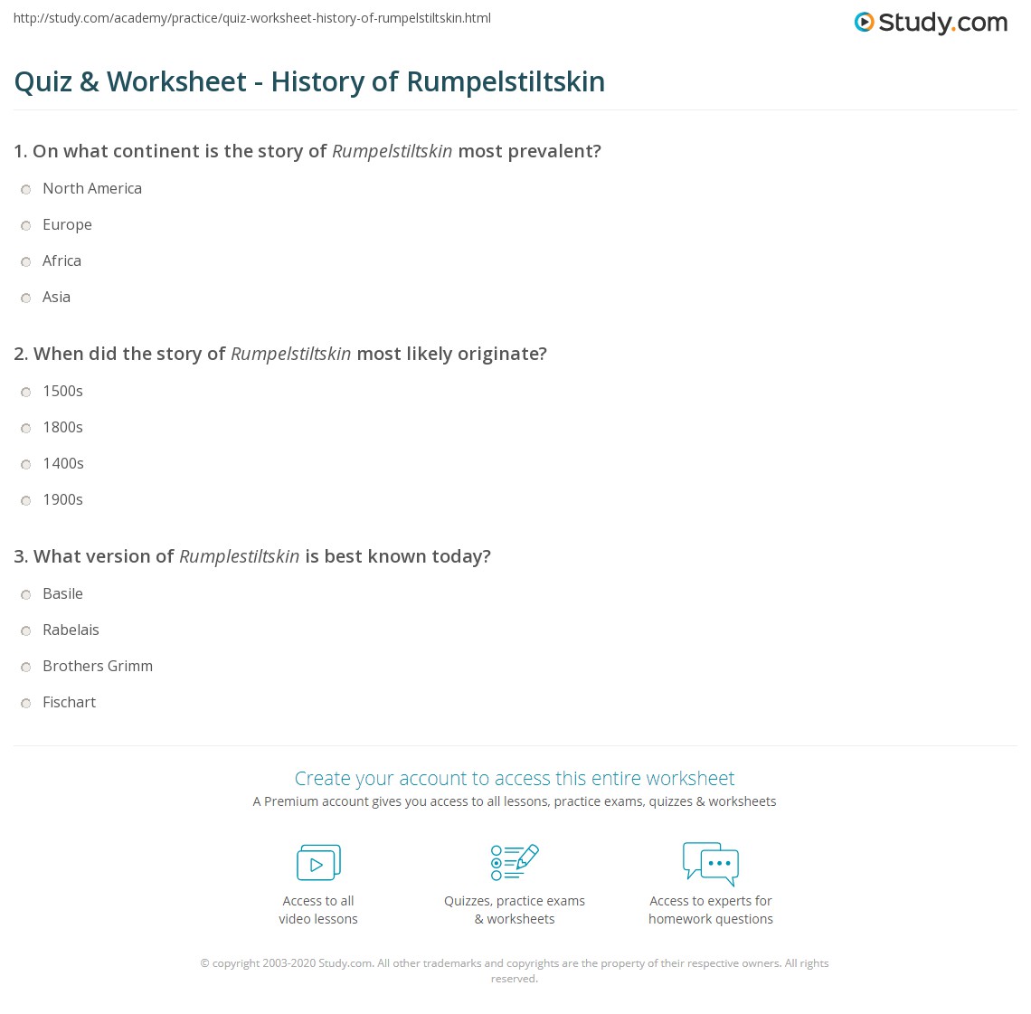Quiz & Worksheet - History of Rumpelstiltskin | Study.com