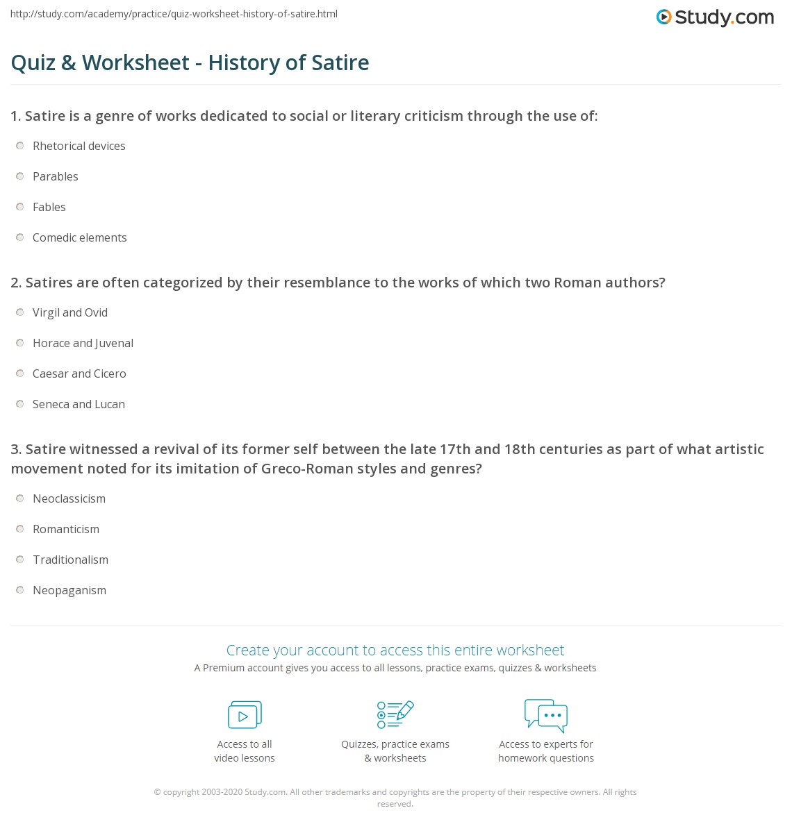 Quiz Worksheet History Of Satire Study Quiz Worksheet History Of Satire Study