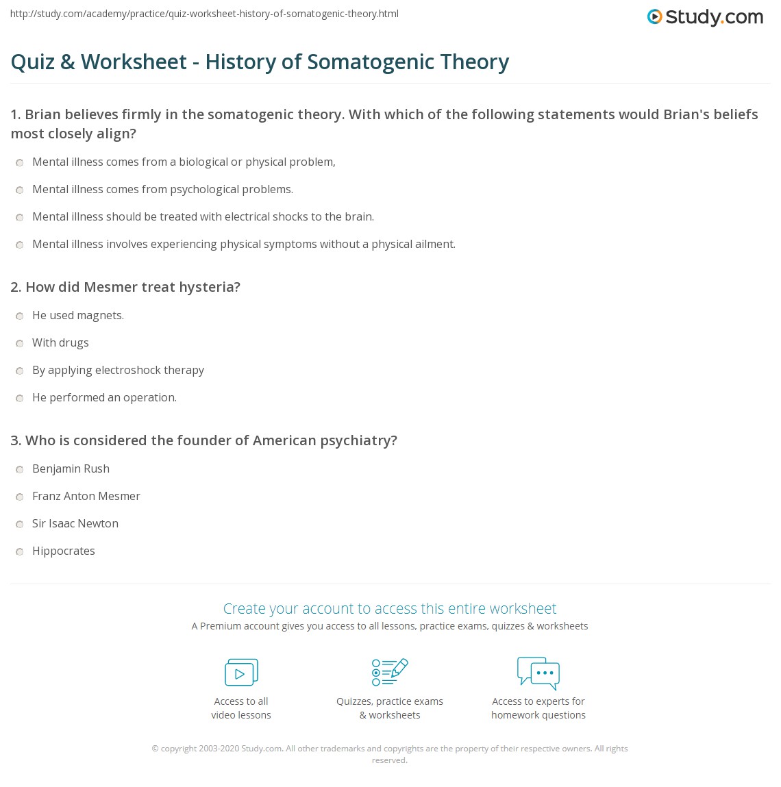 Quiz & Worksheet - History of Somatogenic Theory | Study.com