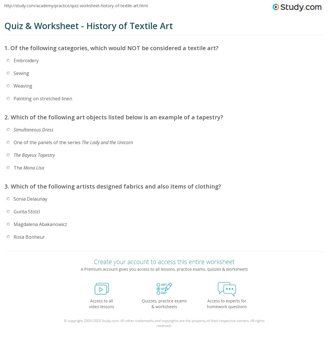 Quiz & Worksheet - History of Textile Art | Study.com