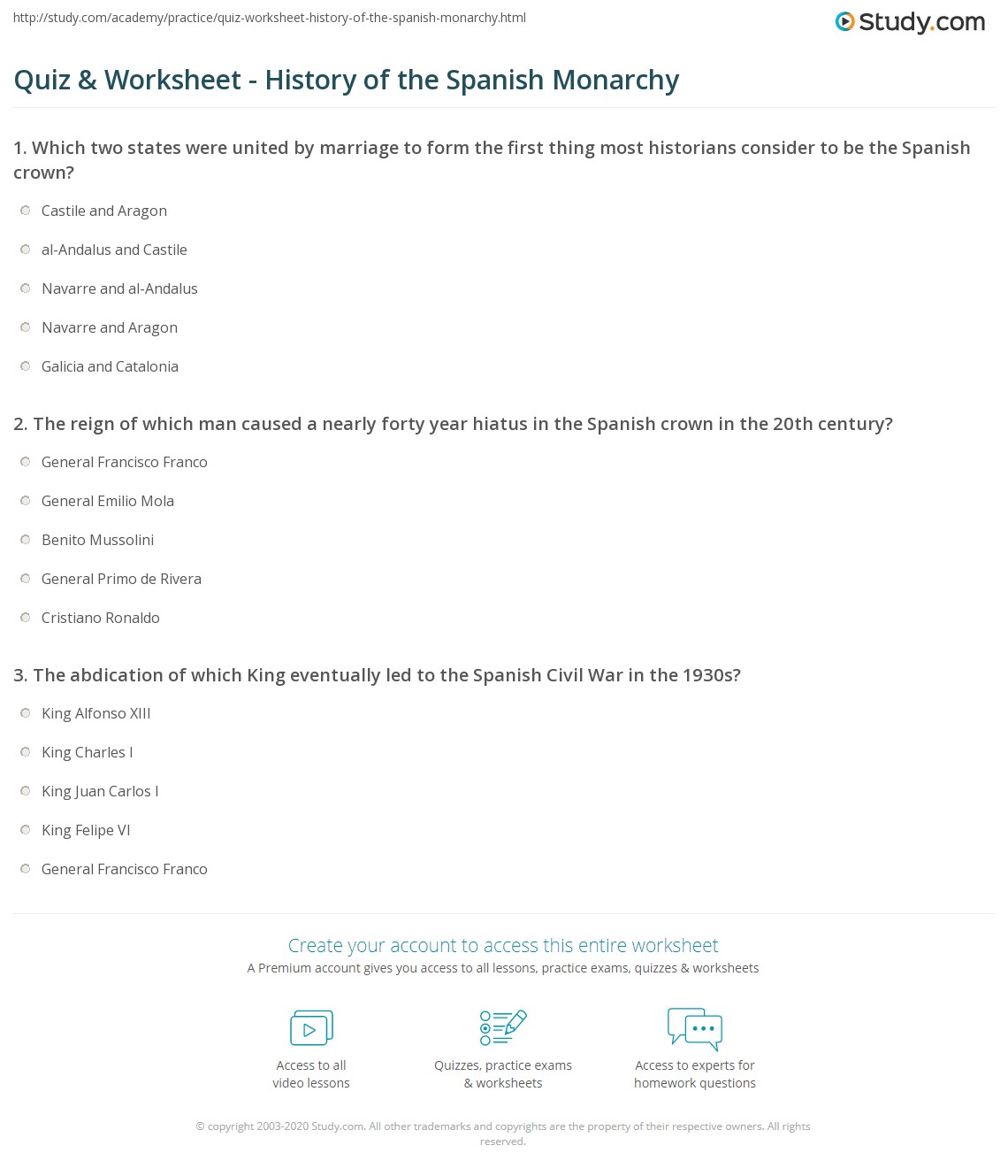 Quiz & Worksheet - History of the Spanish Monarchy | Study.com