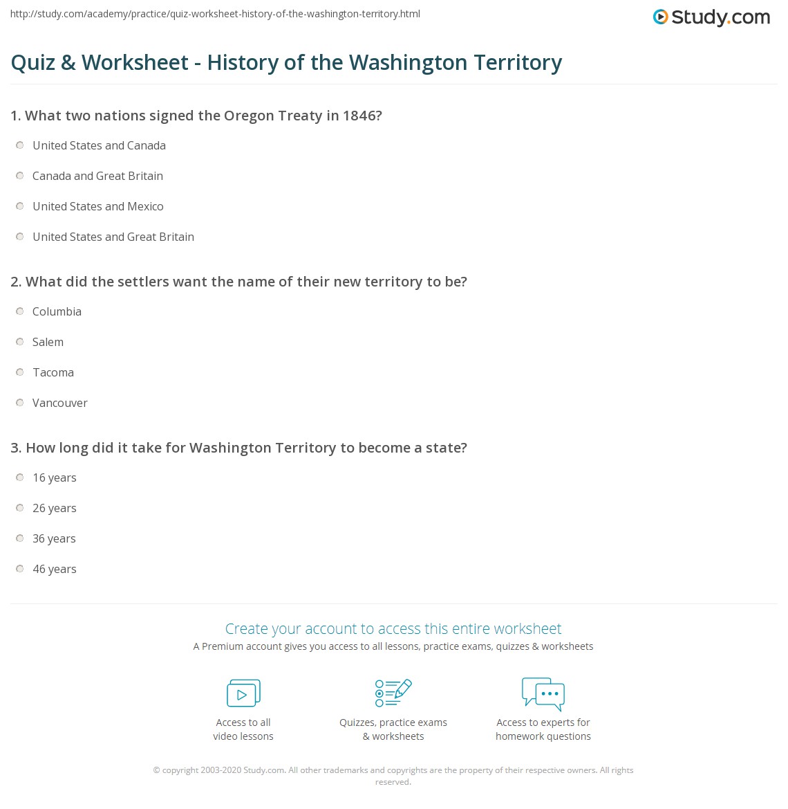 Quiz & Worksheet - History of the Washington Territory | Study.com