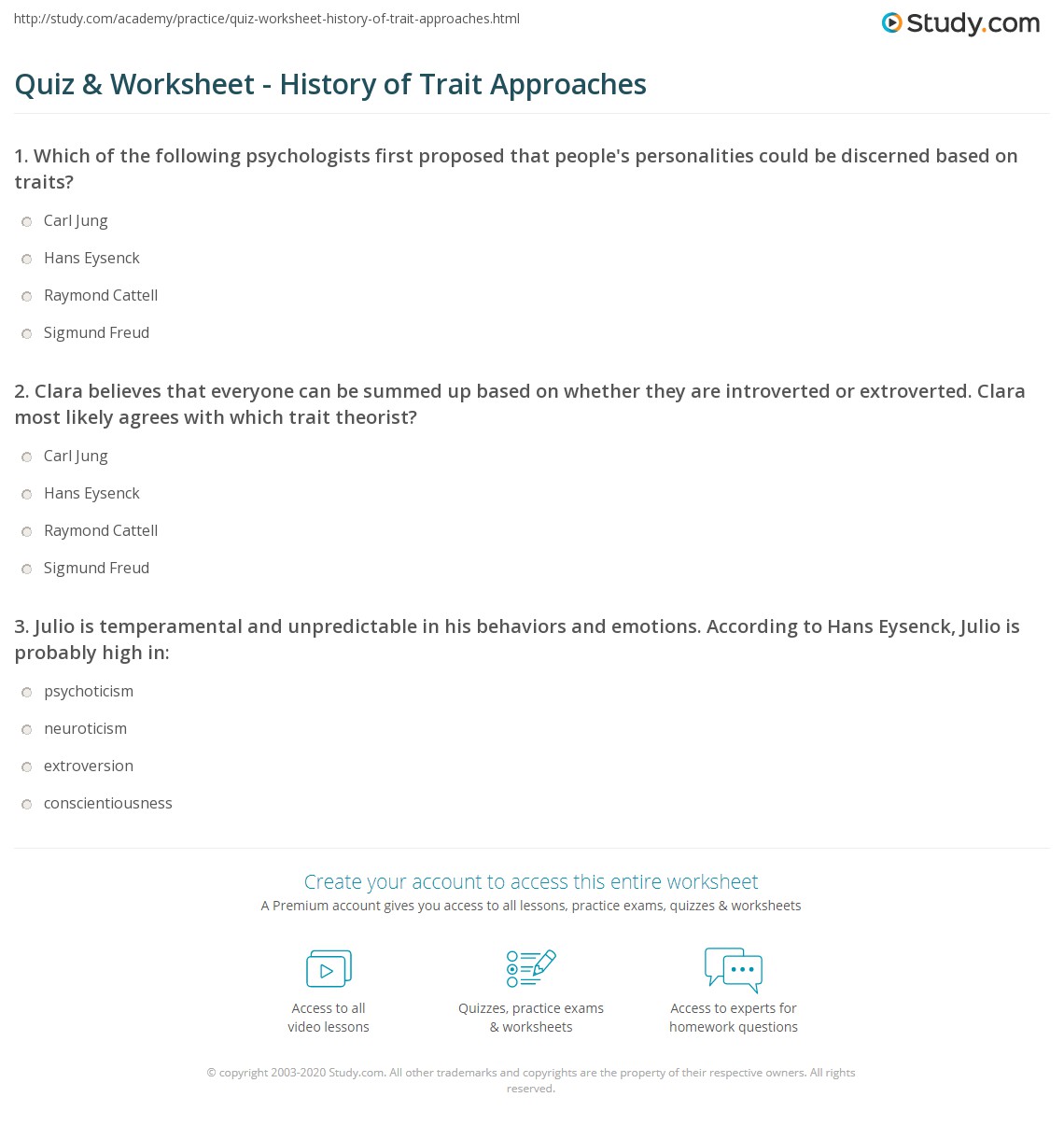 Quiz & Worksheet - History of Trait Approaches | Study.com