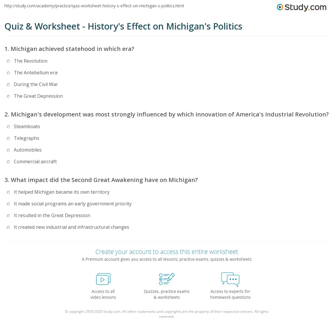 Quiz & Worksheet - History's Effect on Michigan's Politics | Study.com
