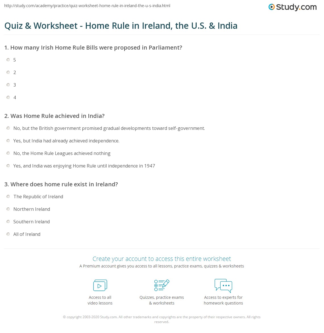 Quiz & Worksheet - Home Rule in Ireland, the U.S. & India | Study.com