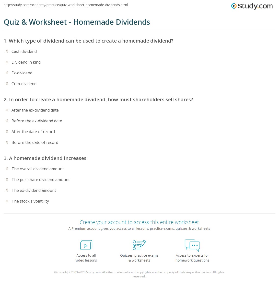 Quiz & Worksheet - Homemade Dividends | Study.com