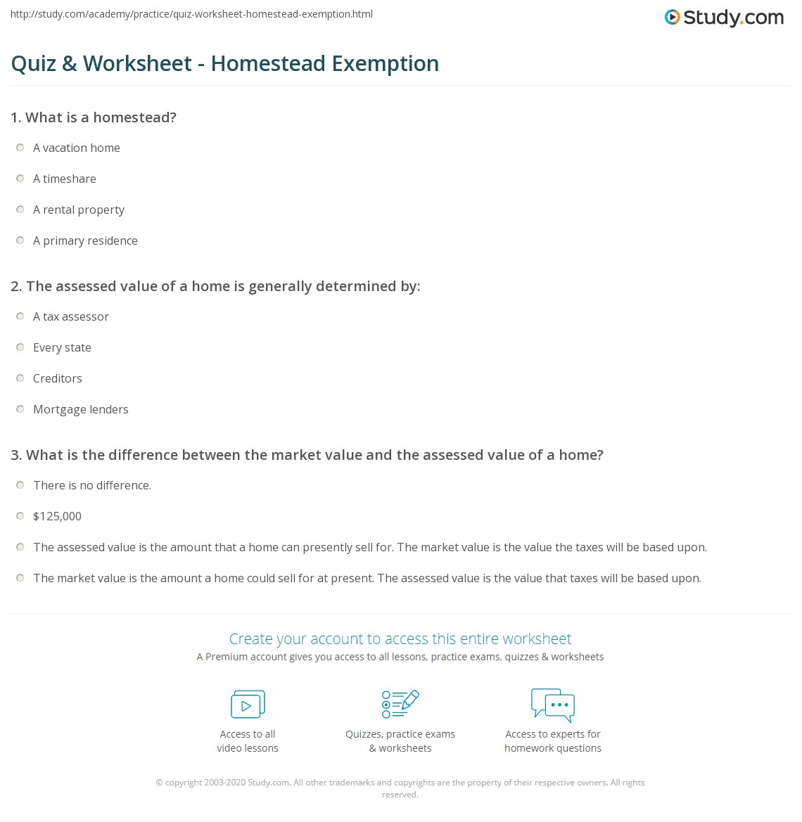 Quiz & Worksheet - Homestead Exemption | Study.com