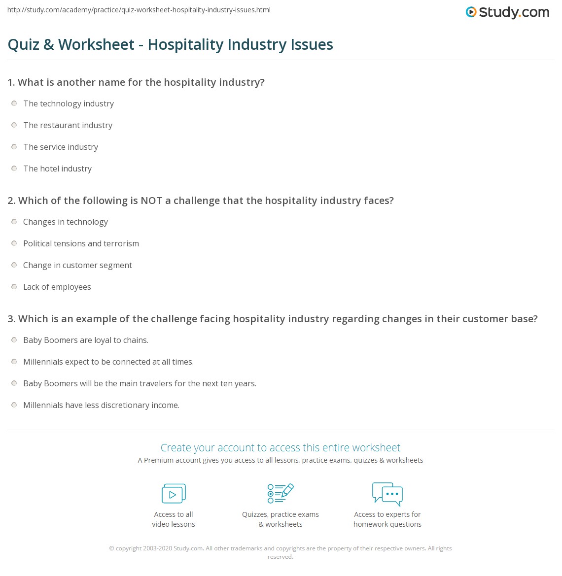 Quiz & Worksheet - Hospitality Industry Issues | Study.com