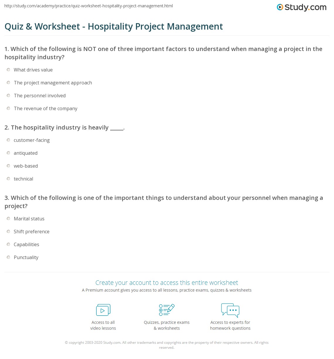 Quiz & Worksheet - Hospitality Project Management | Study.com