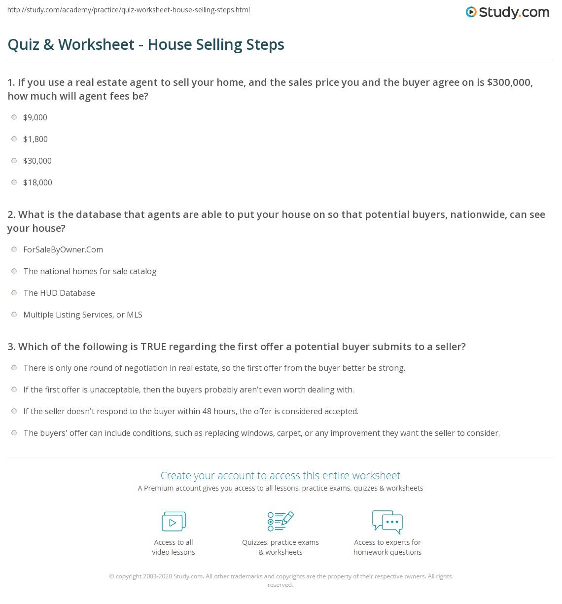 Quiz & Worksheet - House Selling Steps | Study.com