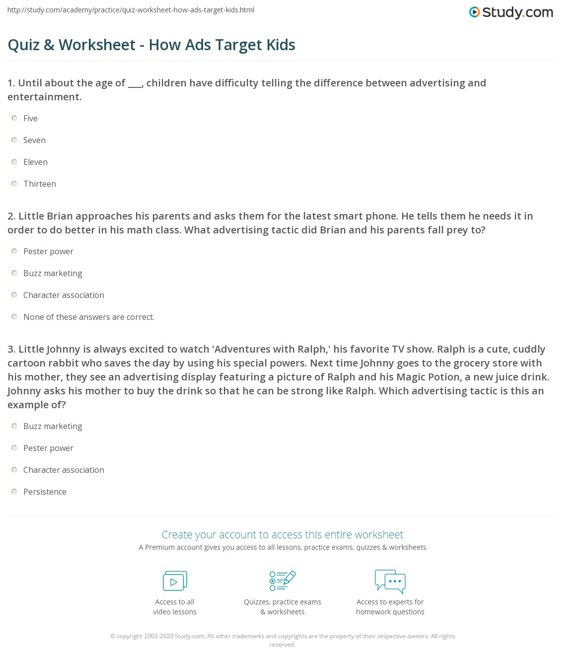 Quiz & Worksheet - How Ads Target Kids | Study.com
