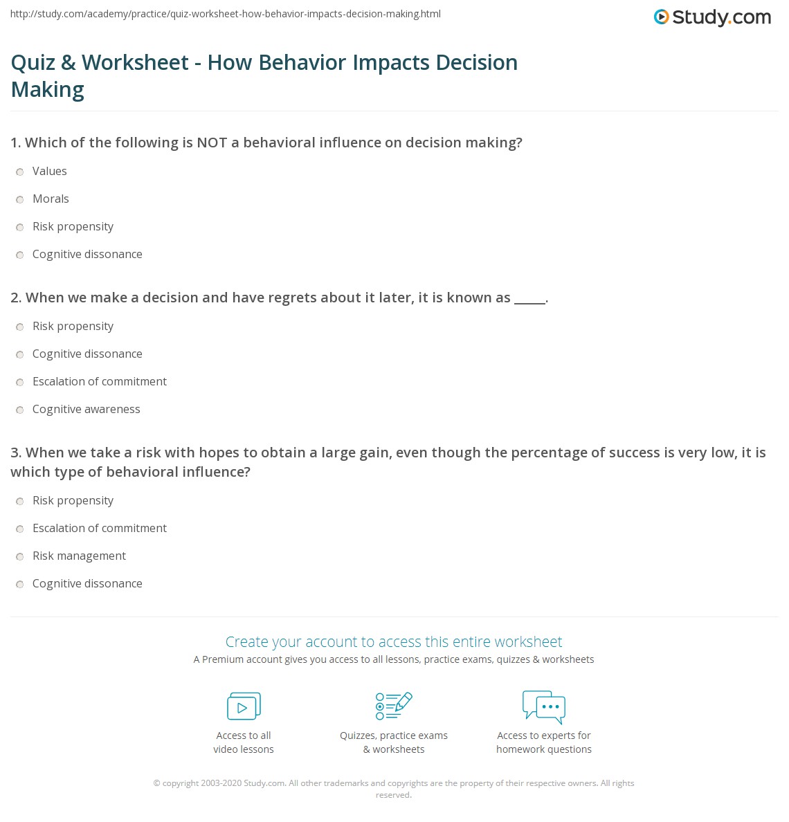Quiz & Worksheet - How Behavior Impacts Decision Making | Study.com