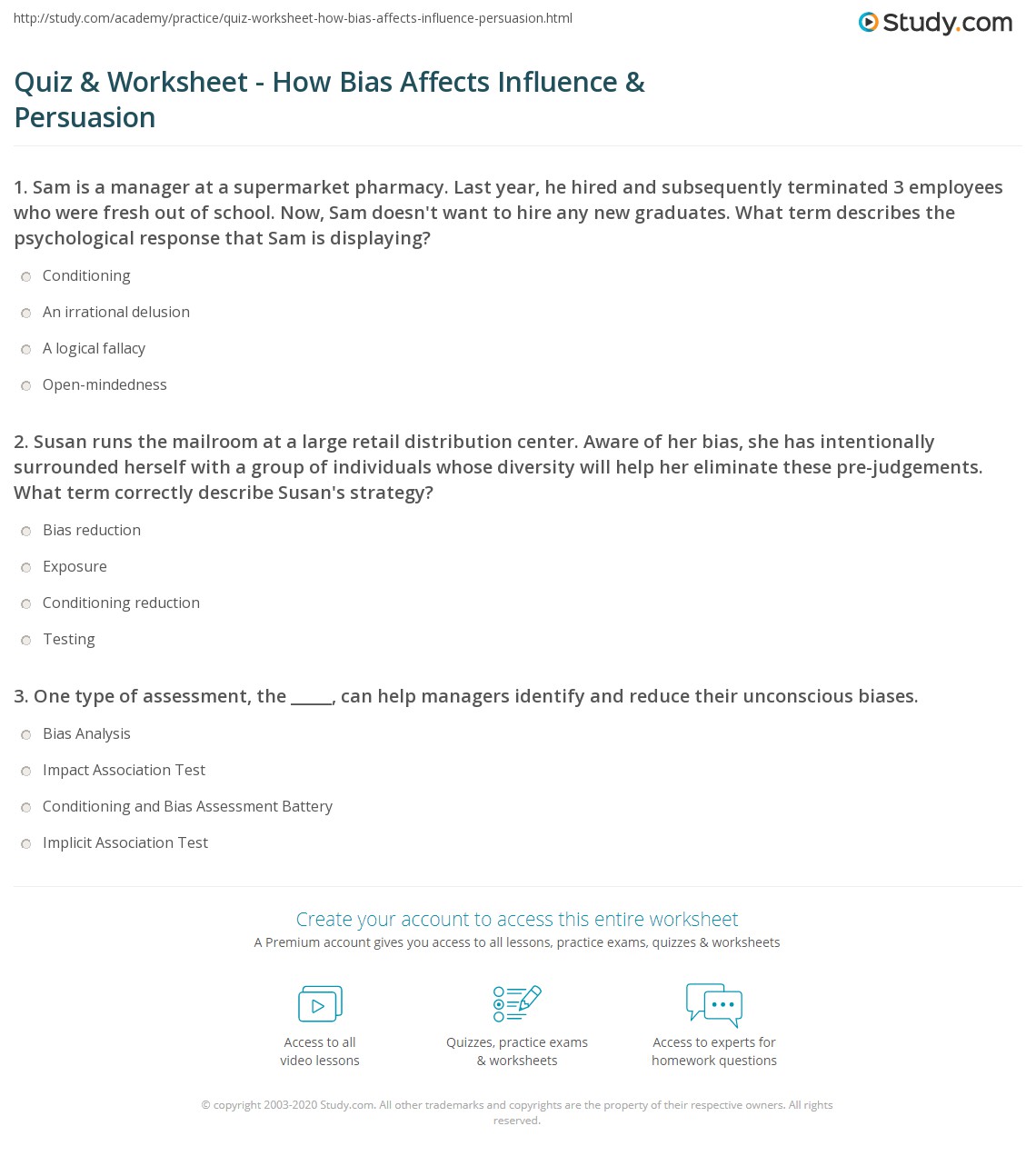 Quiz & Worksheet - How Bias Affects Influence & Persuasion | Study.com