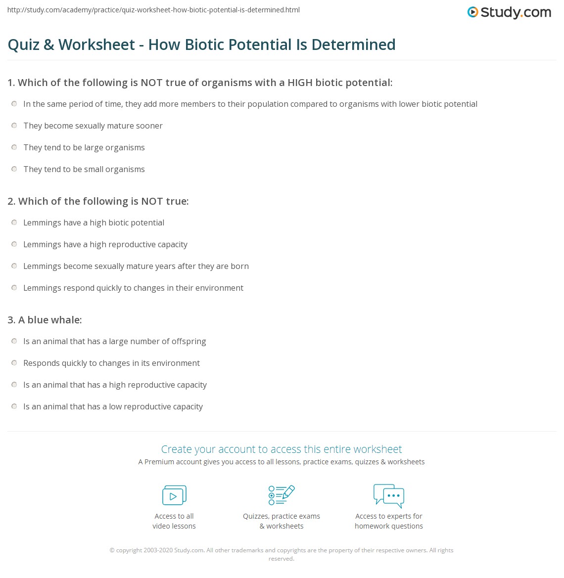 Quiz & Worksheet - How Biotic Potential Is Determined | Study.com