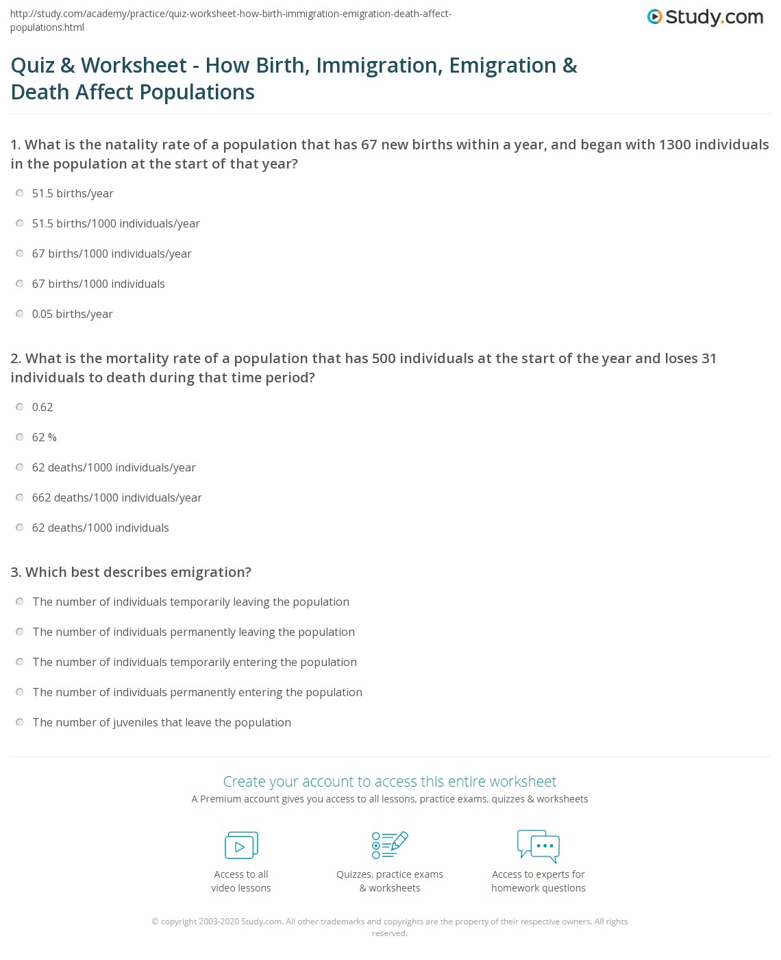 Quiz & Worksheet - How Birth, Immigration, Emigration & Death Affect ...