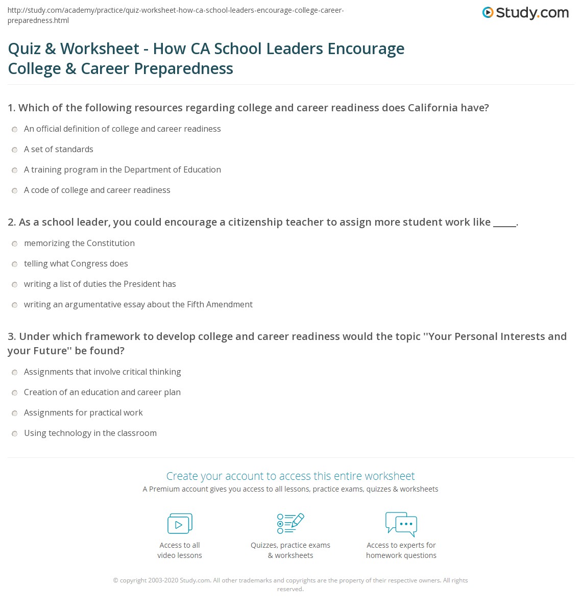 Quiz & Worksheet - How CA School Leaders Encourage College & Career ...