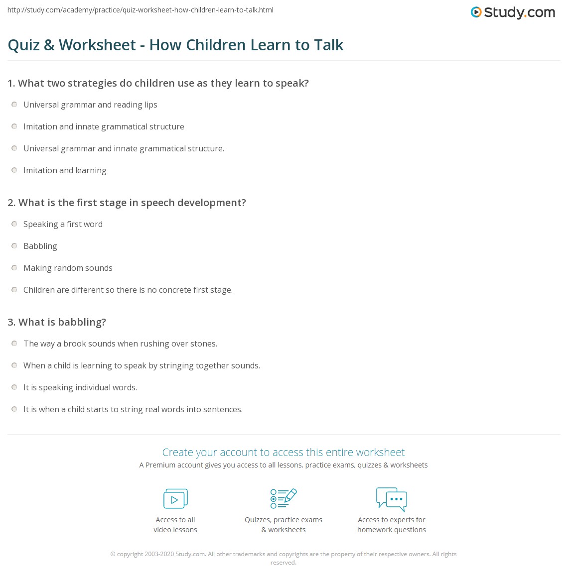 Quiz & Worksheet - How Children Learn to Talk | Study.com
