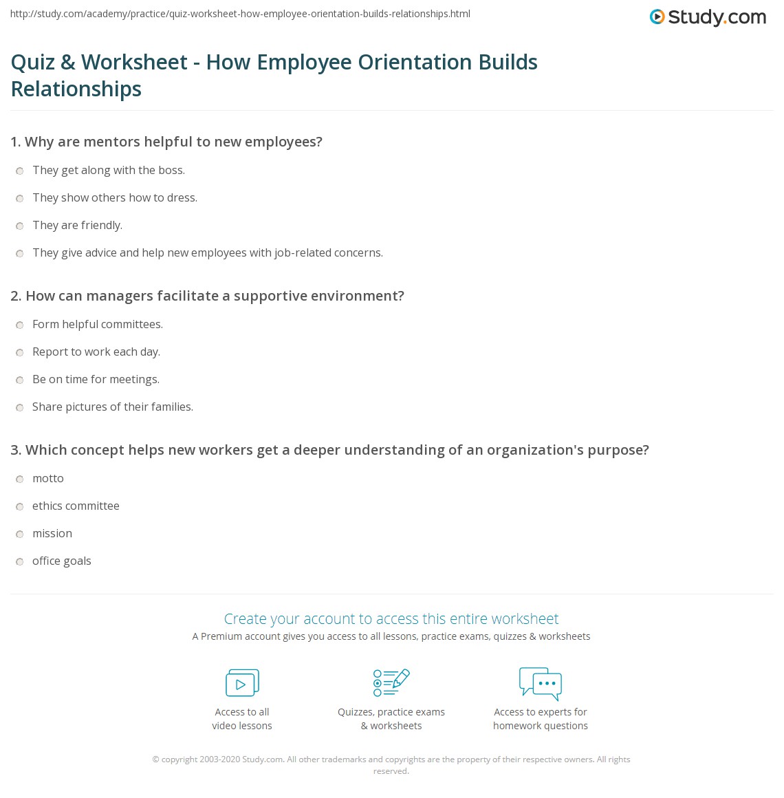 Quiz & Worksheet - How Employee Orientation Builds Relationships ...