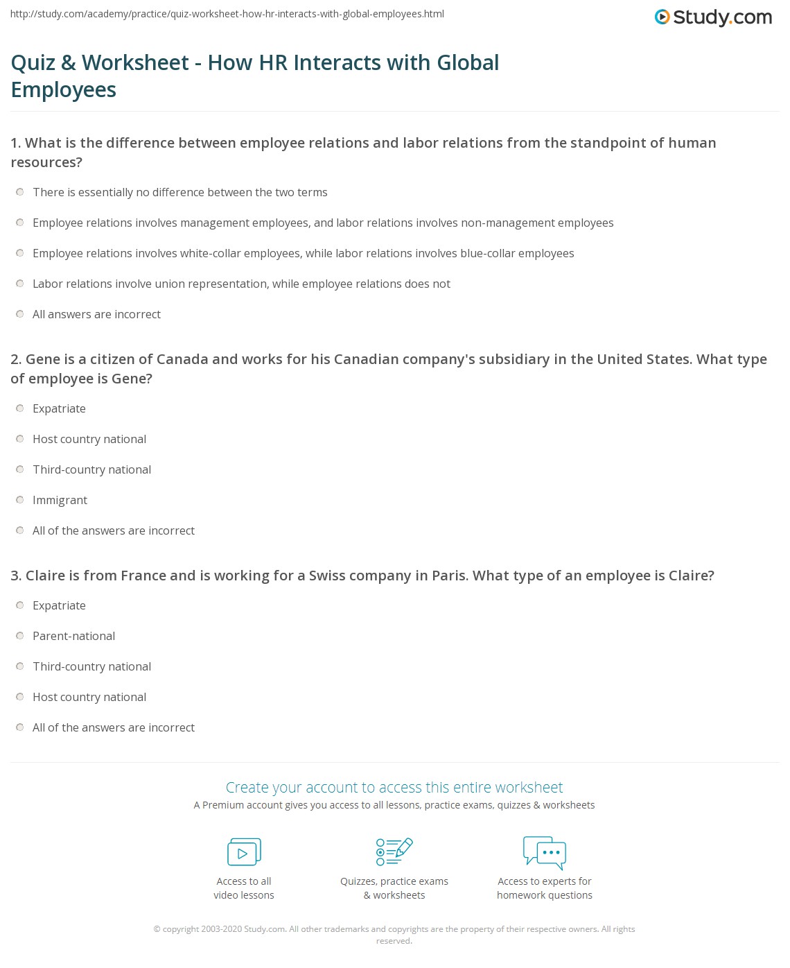 Quiz & Worksheet - How HR Interacts with Global Employees | Study.com
