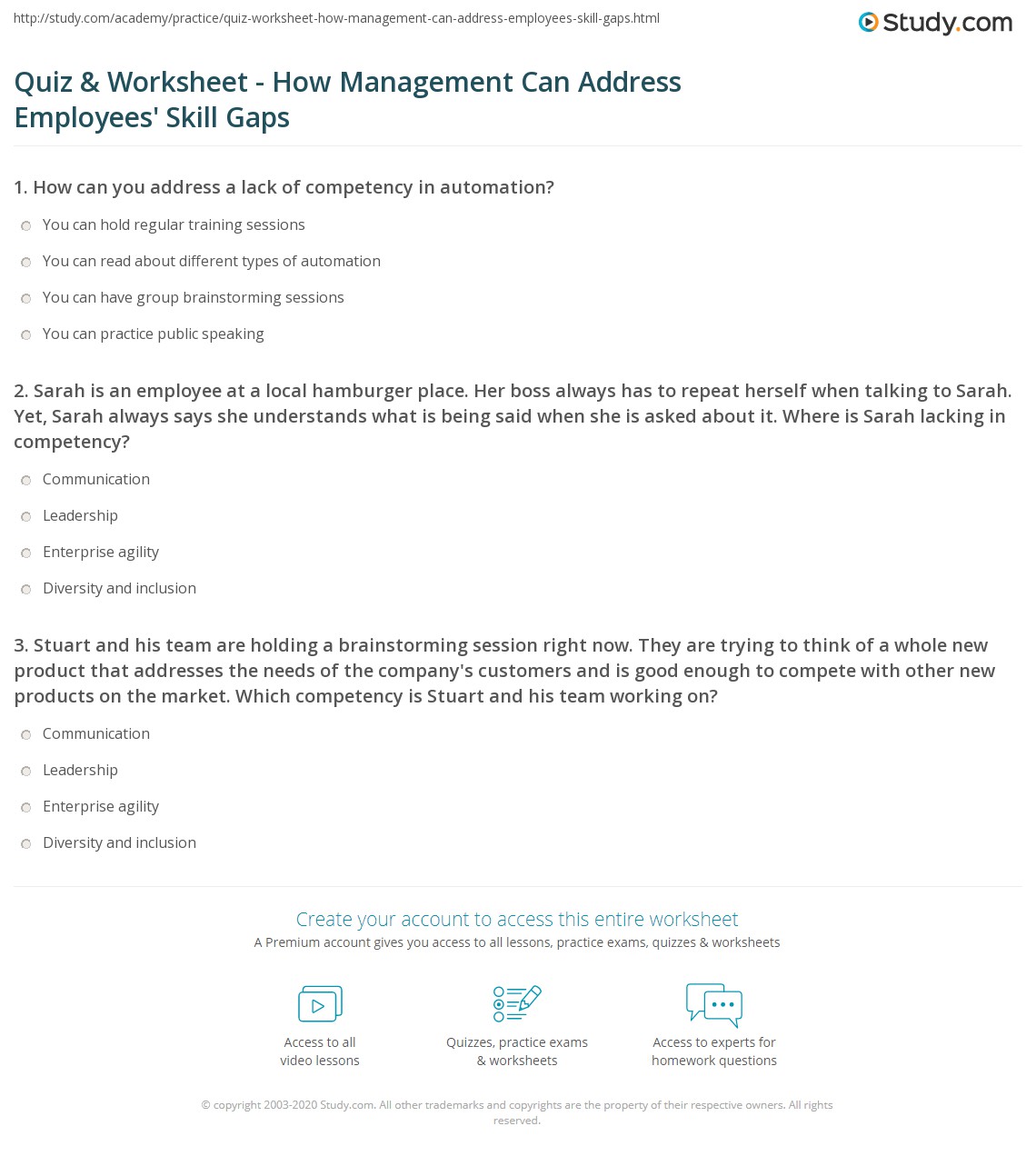 Quiz & Worksheet - How Management Can Address Employees' Skill Gaps ...