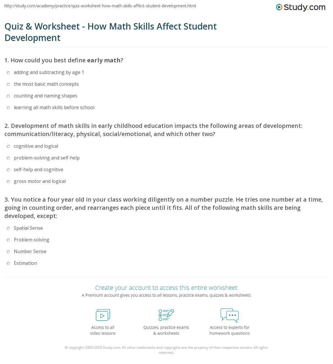 Quiz & Worksheet - How Math Skills Affect Student Development | Study.com