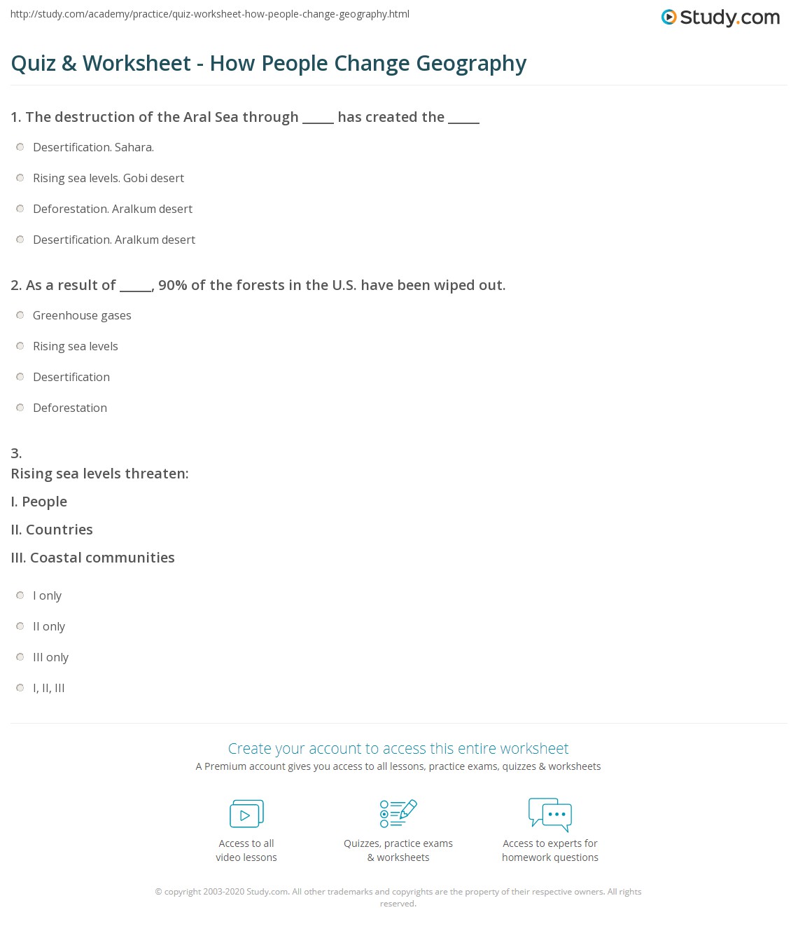 Quiz & Worksheet - How People Change Geography | Study.com